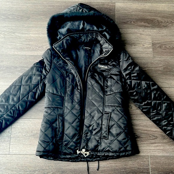 bebe | Jackets & Coats | Bebe Black Satin Puffy Quilted Warm Coat Jacket Hooded Ml Faux Fur ...